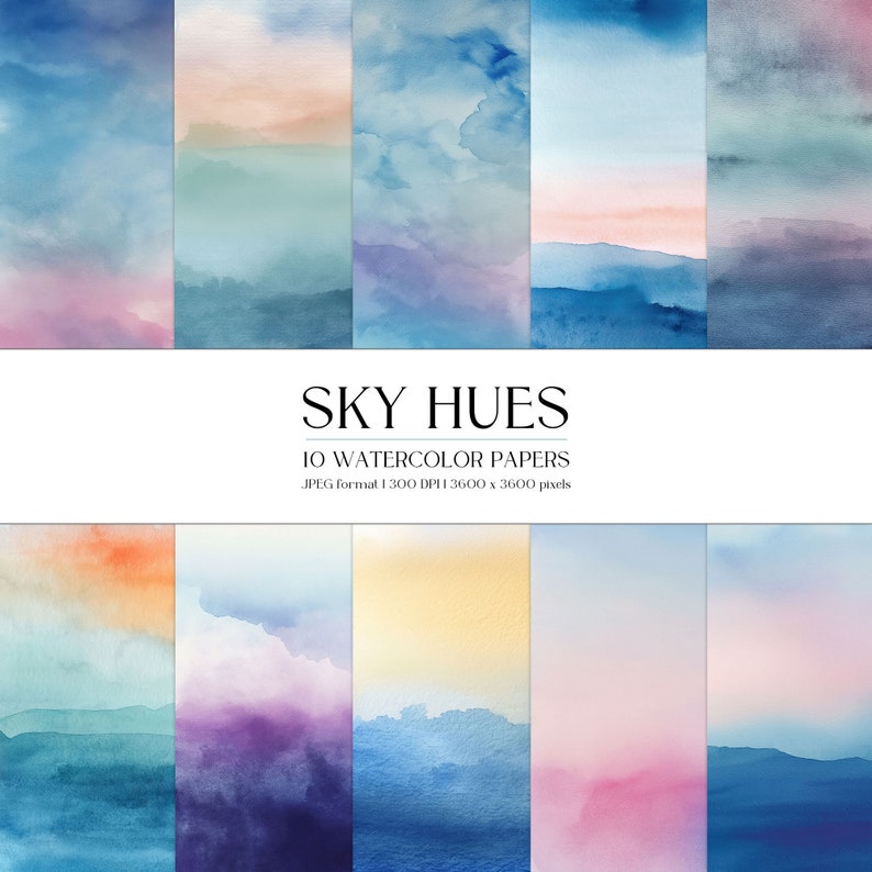 Sky Hues Watercolor Digital Paper | Air & Wind Tones Abstract ...