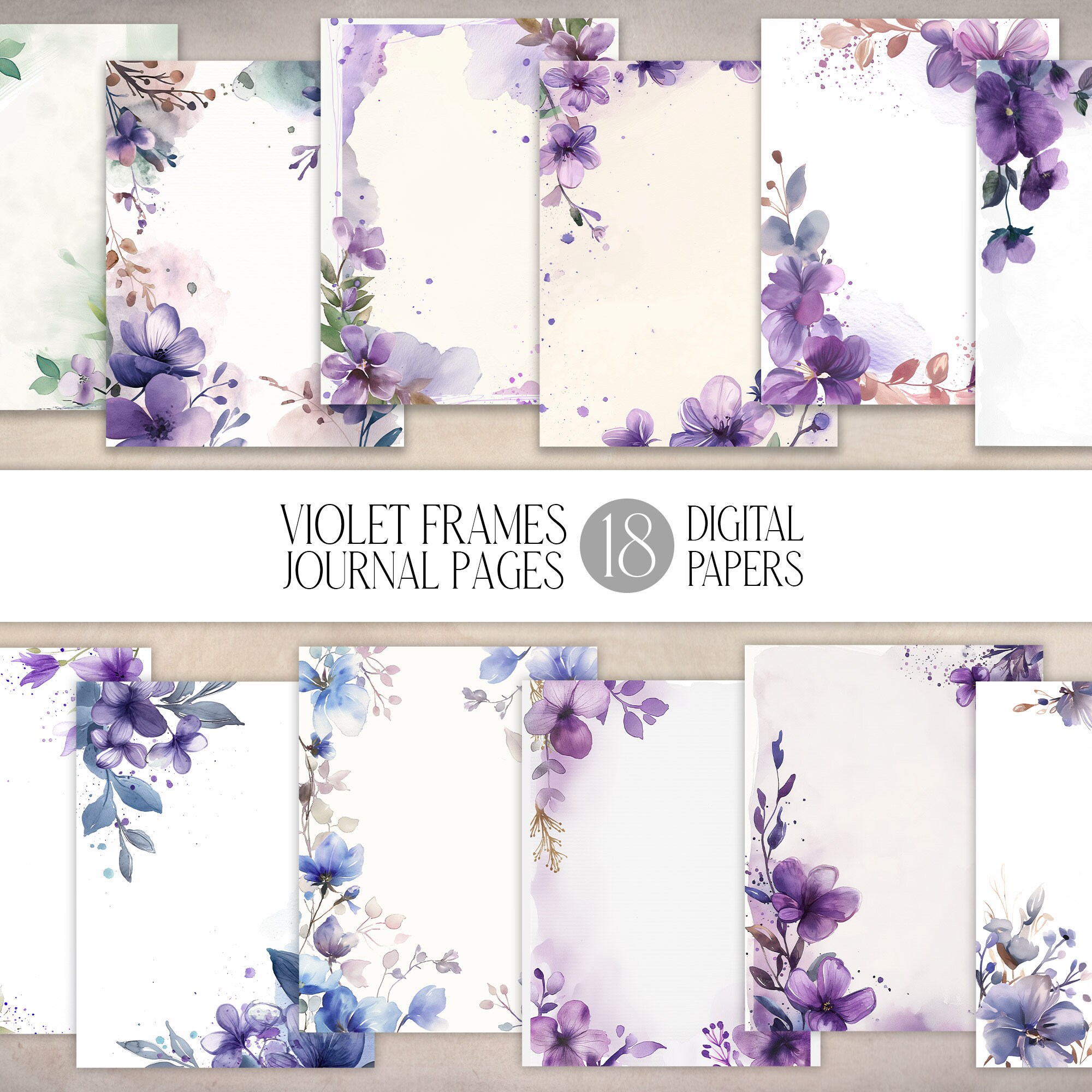 Violet Frames Watercolor Journal Pages | Viola Flower & Greenery JPG ...