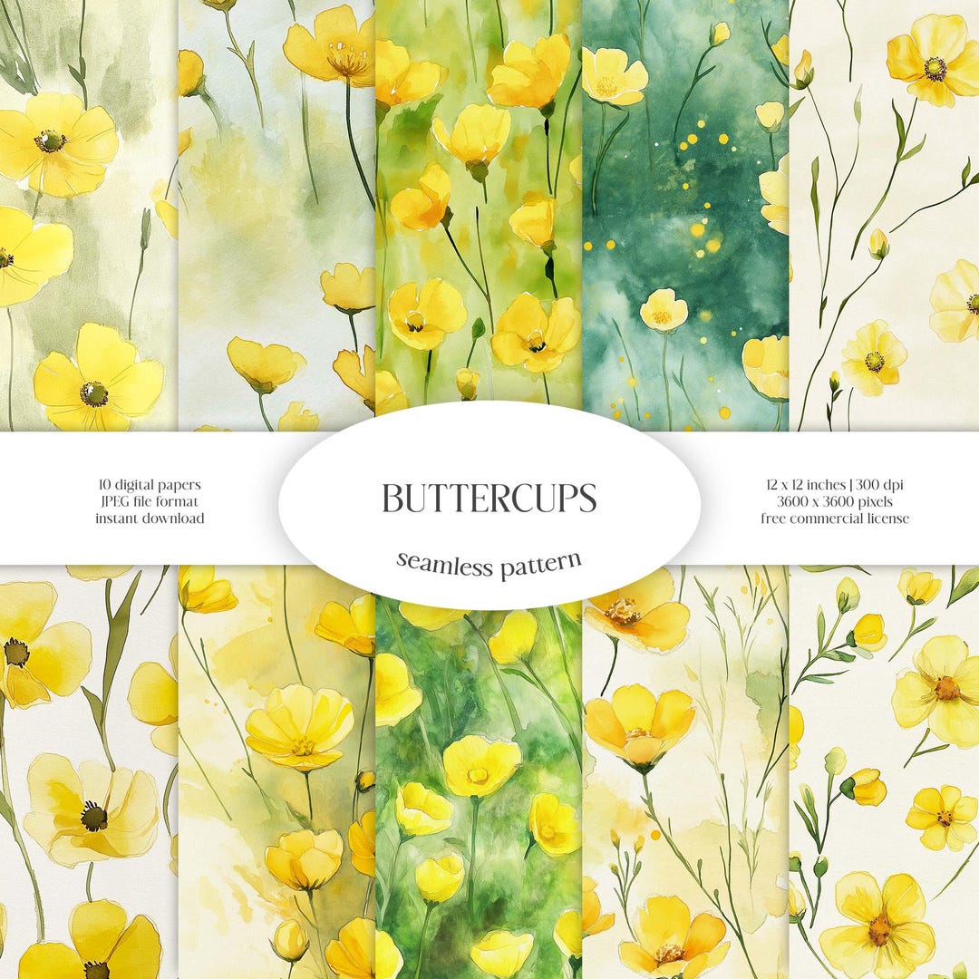 Buttercups Watercolor Seamless Pattern | Floral & Greenery JPG Digital ...