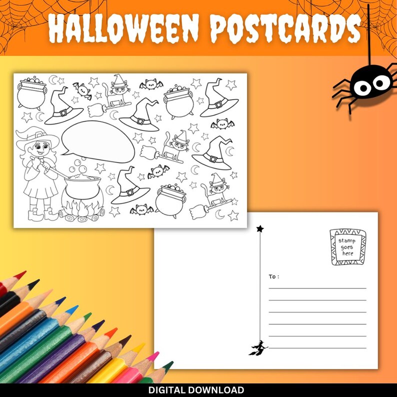 Printable Halloween Colouring Postcards for Kids Ages 4-11 Instant ...