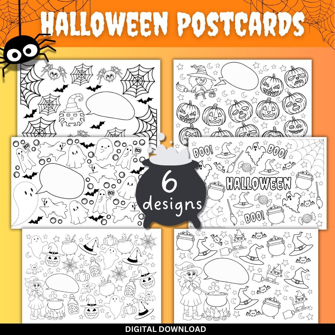 Printable Halloween Colouring Postcards for Kids Ages 4-11 Instant ...