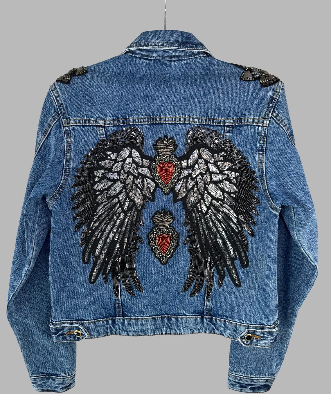 Silver Jean Jacket With Black Wing | Denim Women Jacket | Black Wing ...