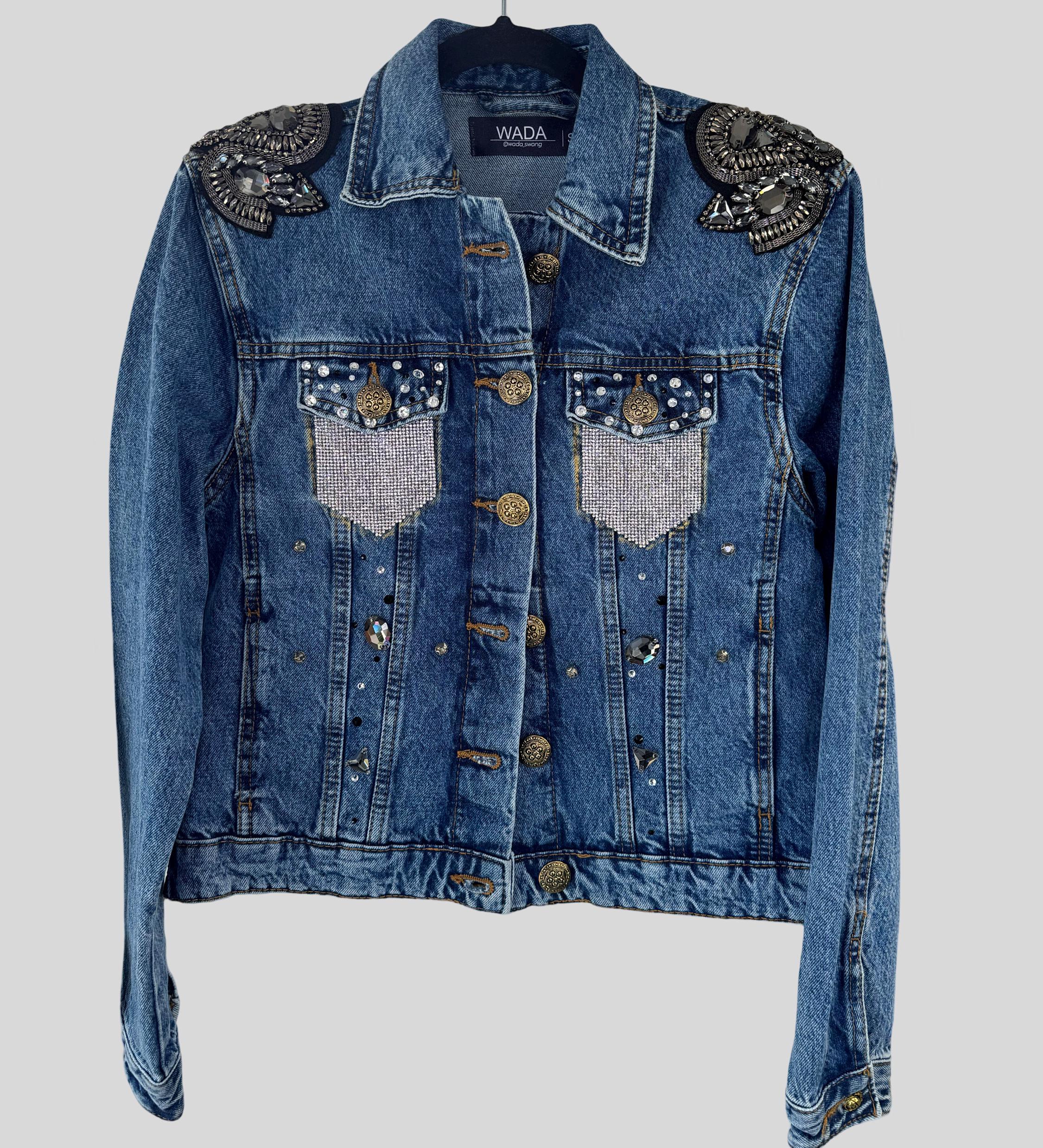 Silver Jean Jacket With Black Wing | Denim Women Jacket | Black Wing ...