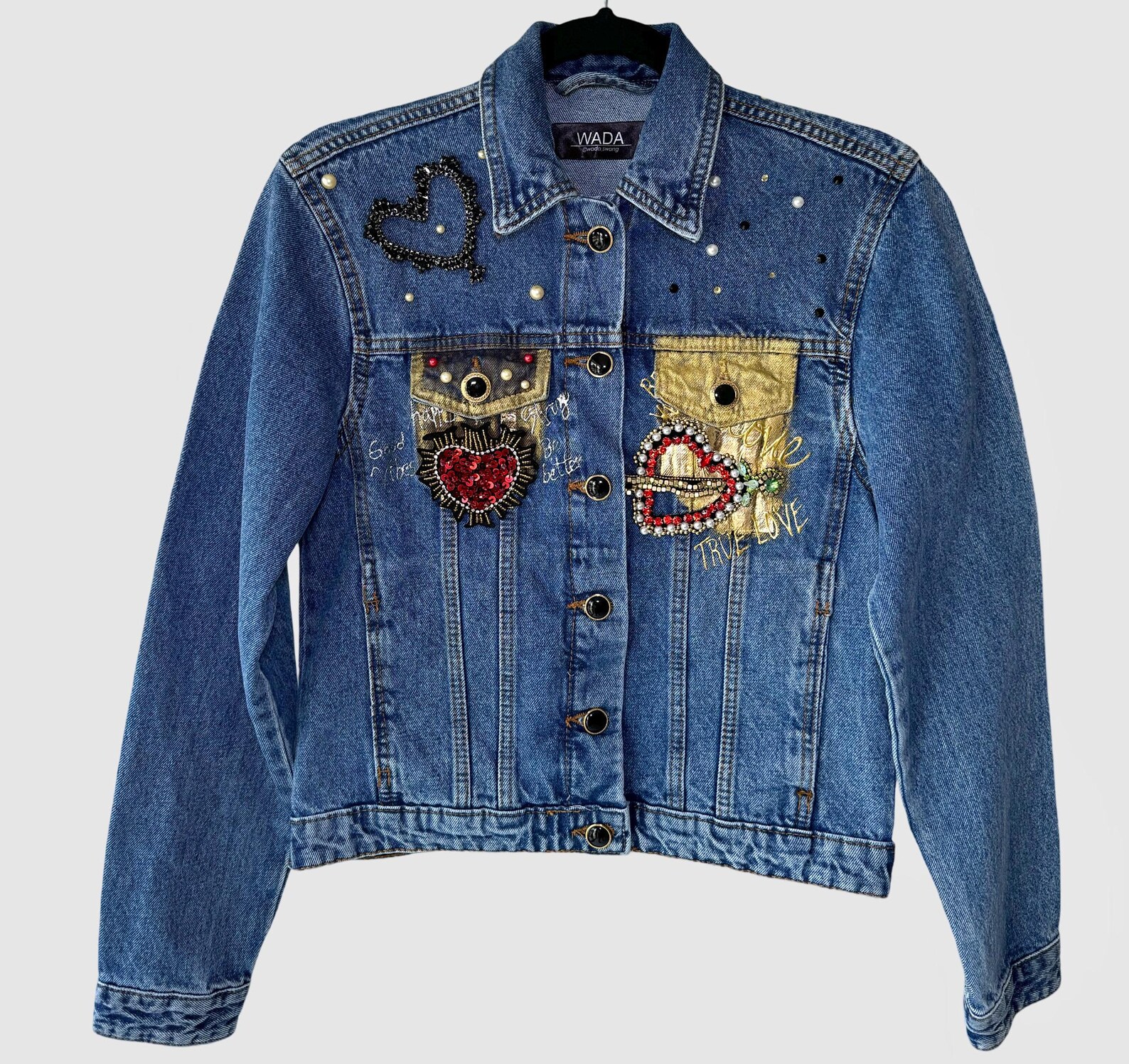 Denim Jean Jacket With Golden and Black Wing Color Denim Jacket With ...