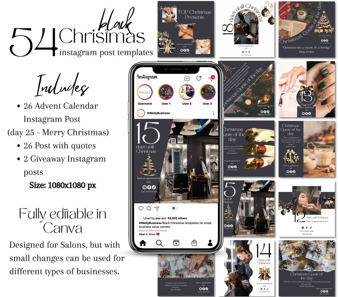 54 Black Christmas Instagram Post Templates; Elegant Salon Christmas IG ...