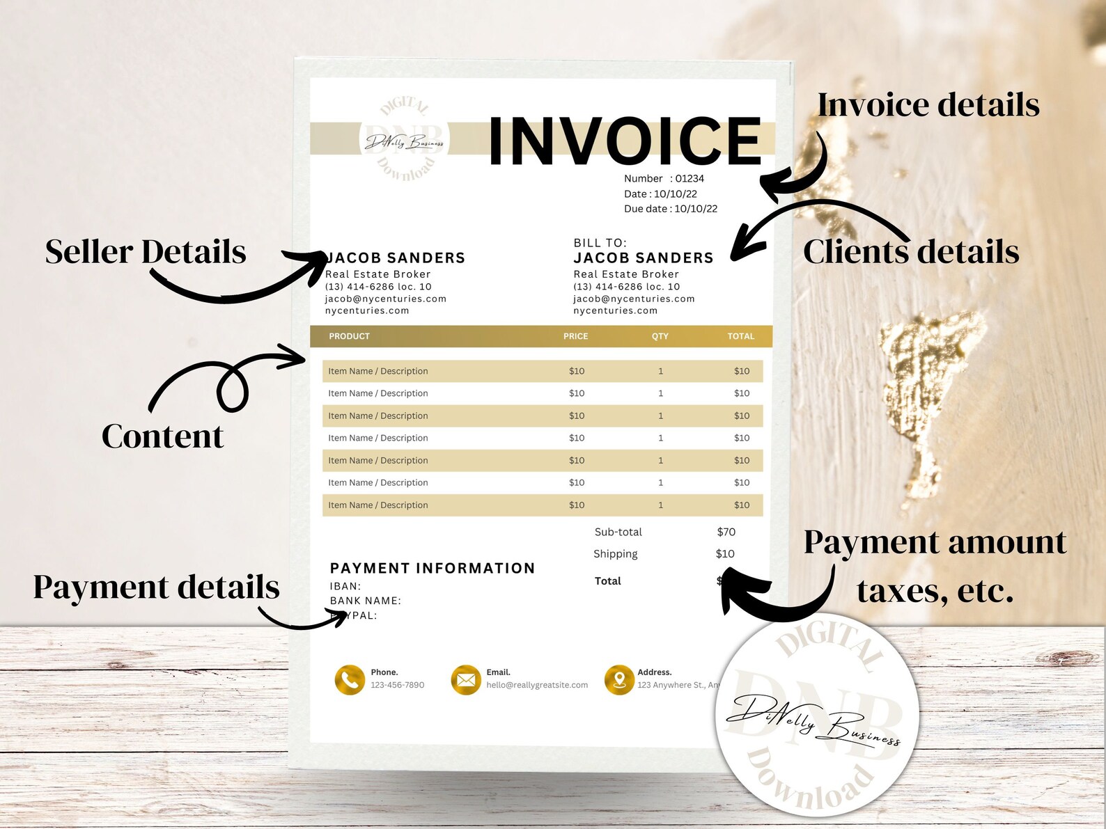CANVA Invoice Template, Golden Invoice Template, Invoice, Invoice ...