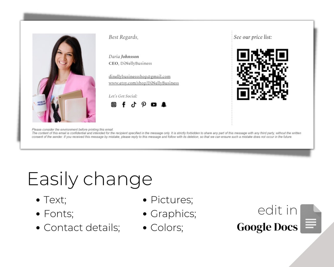 Editable Email Signature Template With QR Code, Editable Google Docs ...
