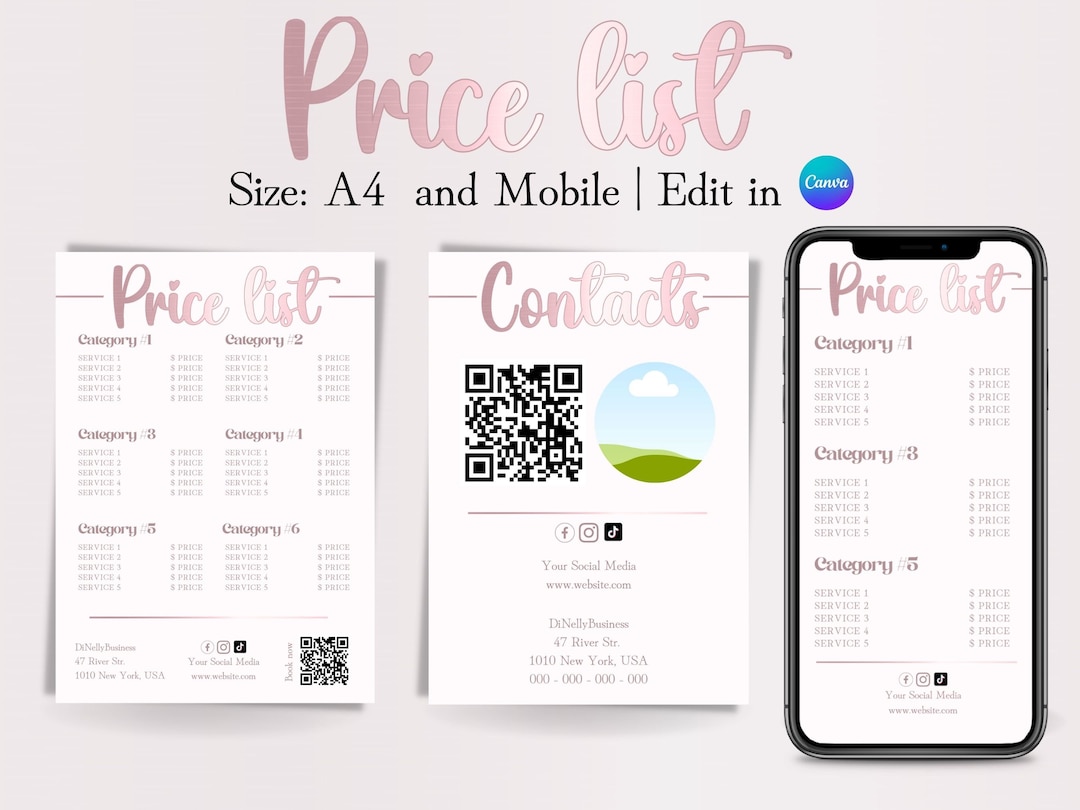 Rose Gold Price List Template, Editable Price List Template Canva ...