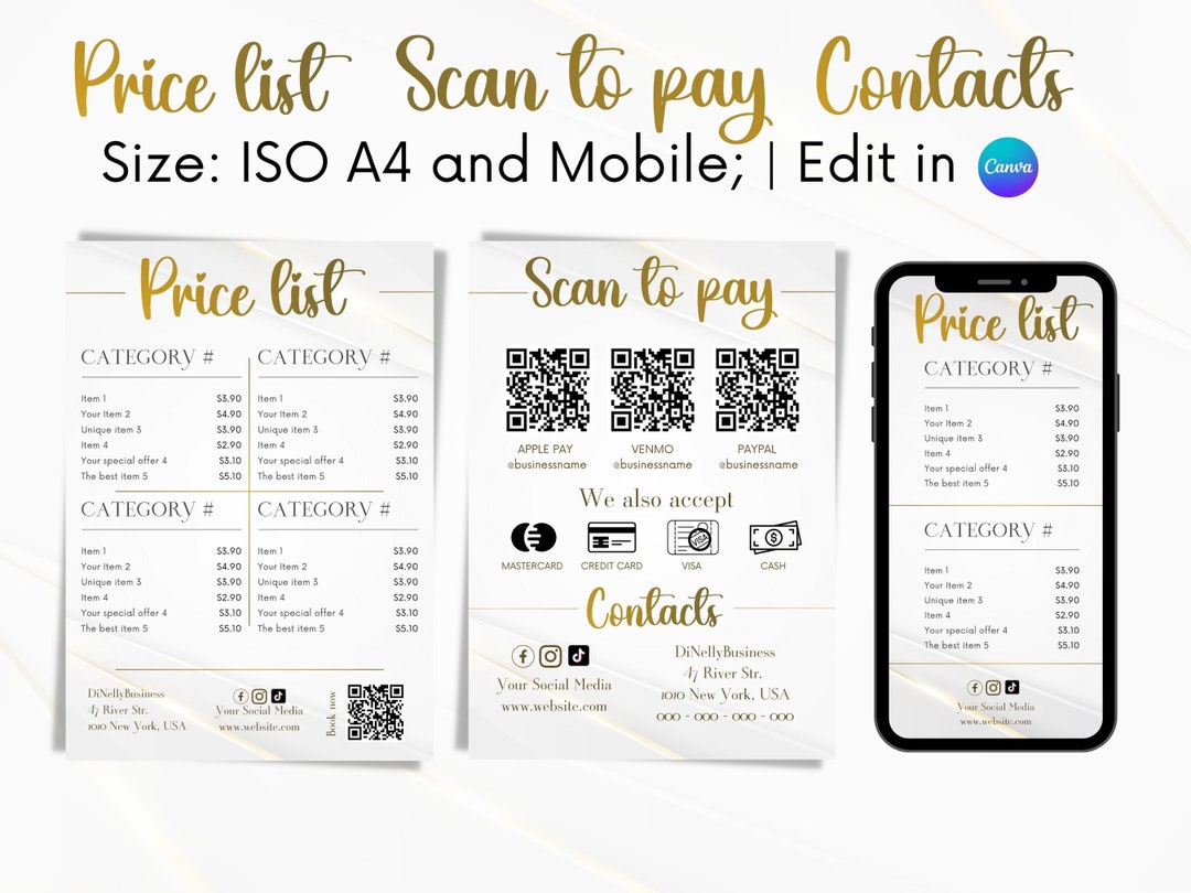 Golden Price List and Scan to Pay Small Business Canva Template, Small ...