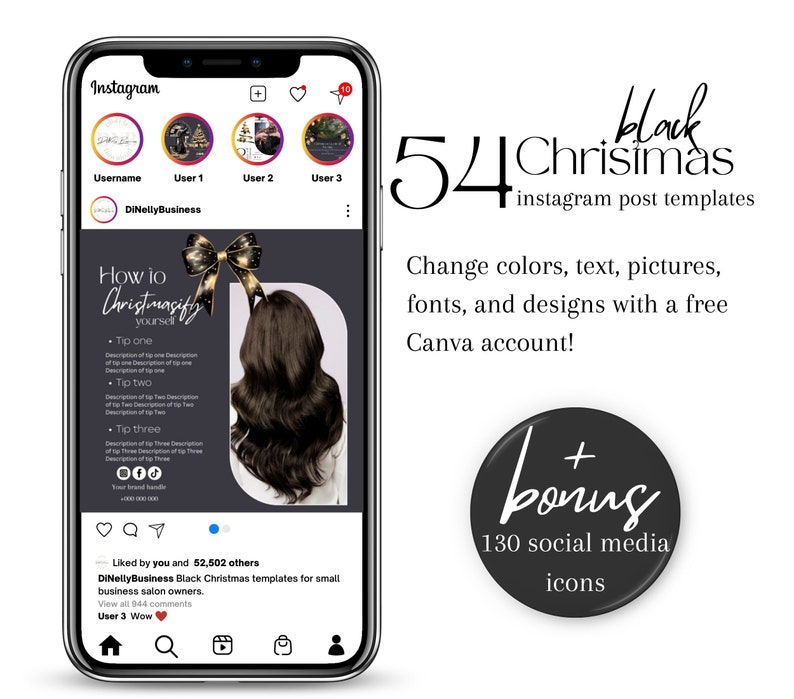 54 Black Christmas Instagram Post Templates; Elegant Salon Christmas IG ...