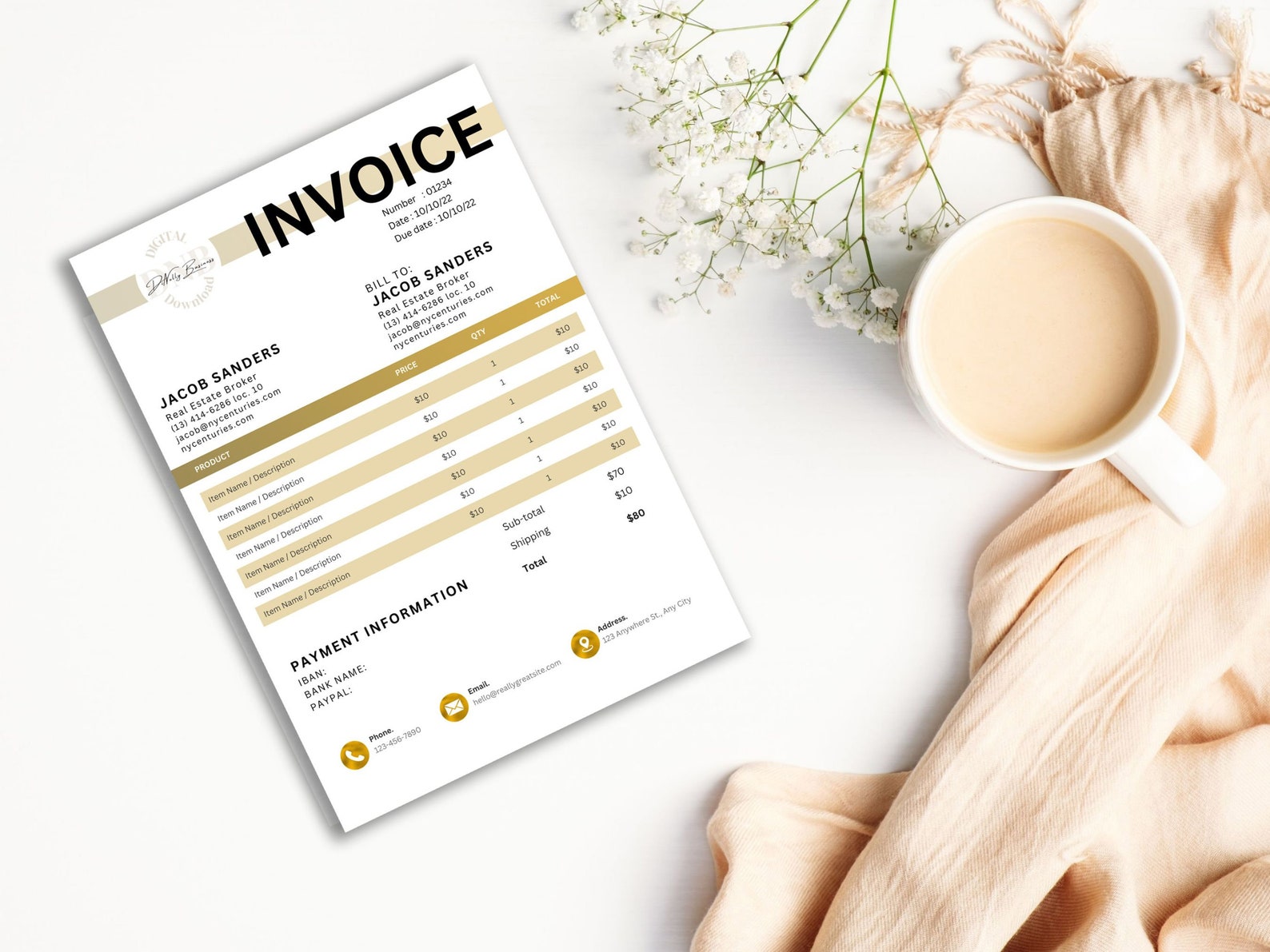 CANVA Invoice Template, Golden Invoice Template, Invoice, Invoice ...