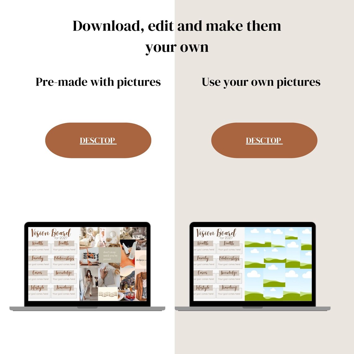 Digital Vision Board Template, Editable Boho Beige Vision Board ...