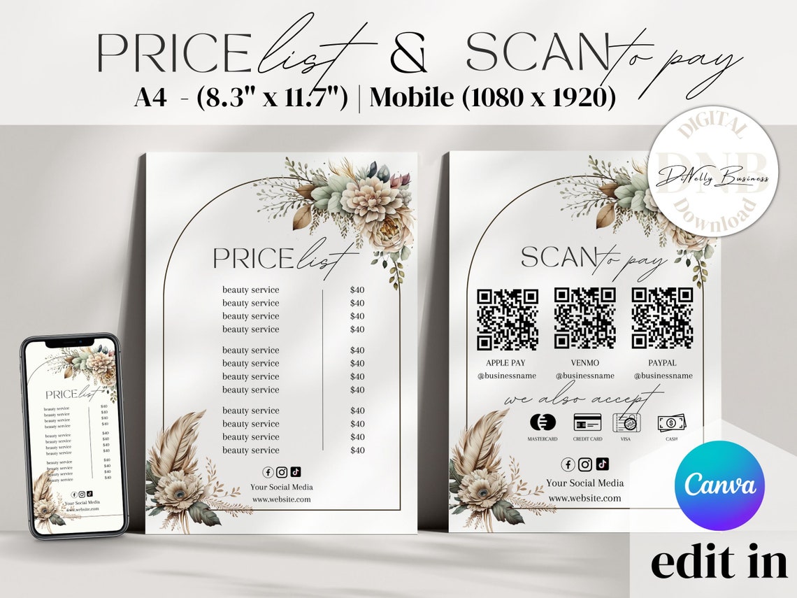 Boho Pampas Grass Price List and Scan to Pay Template, EDITABLE ...