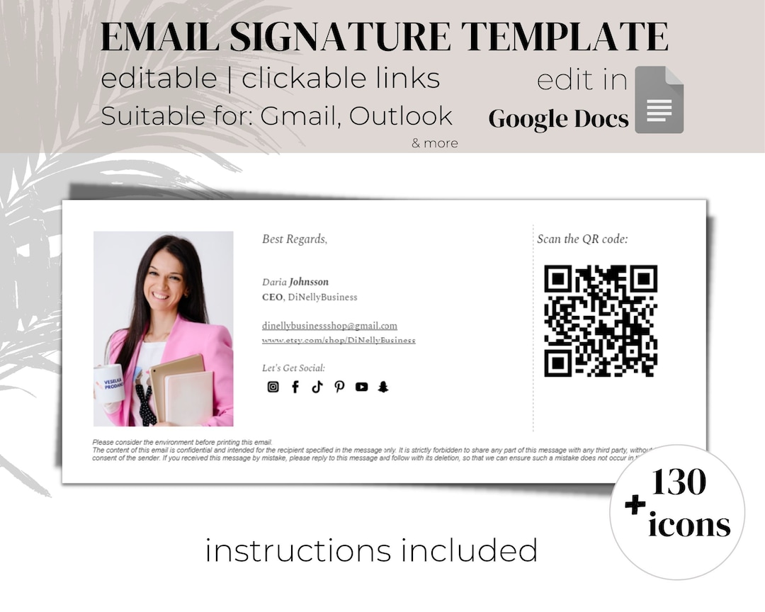 Editable Email Signature Template With QR Code, Editable Google Docs ...