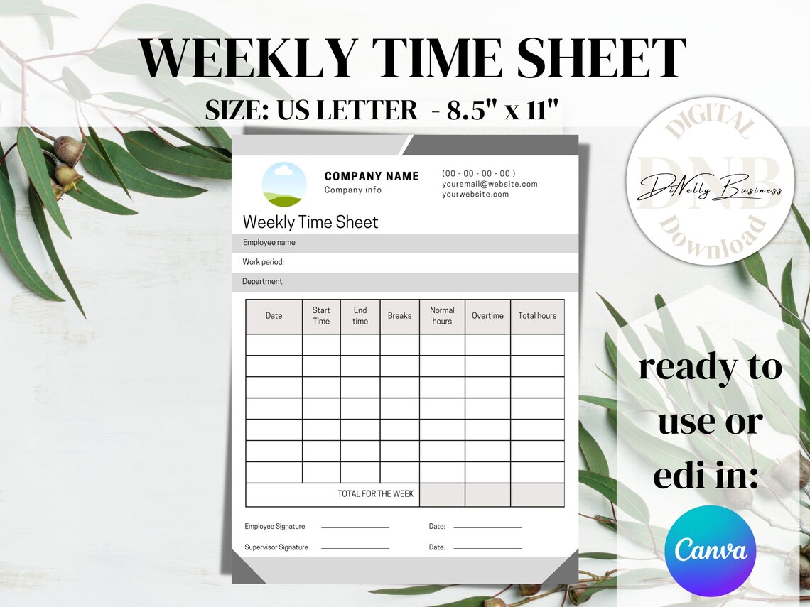 Printable Employee Time Sheet, Weekly Time Tracker, Working Hours ...