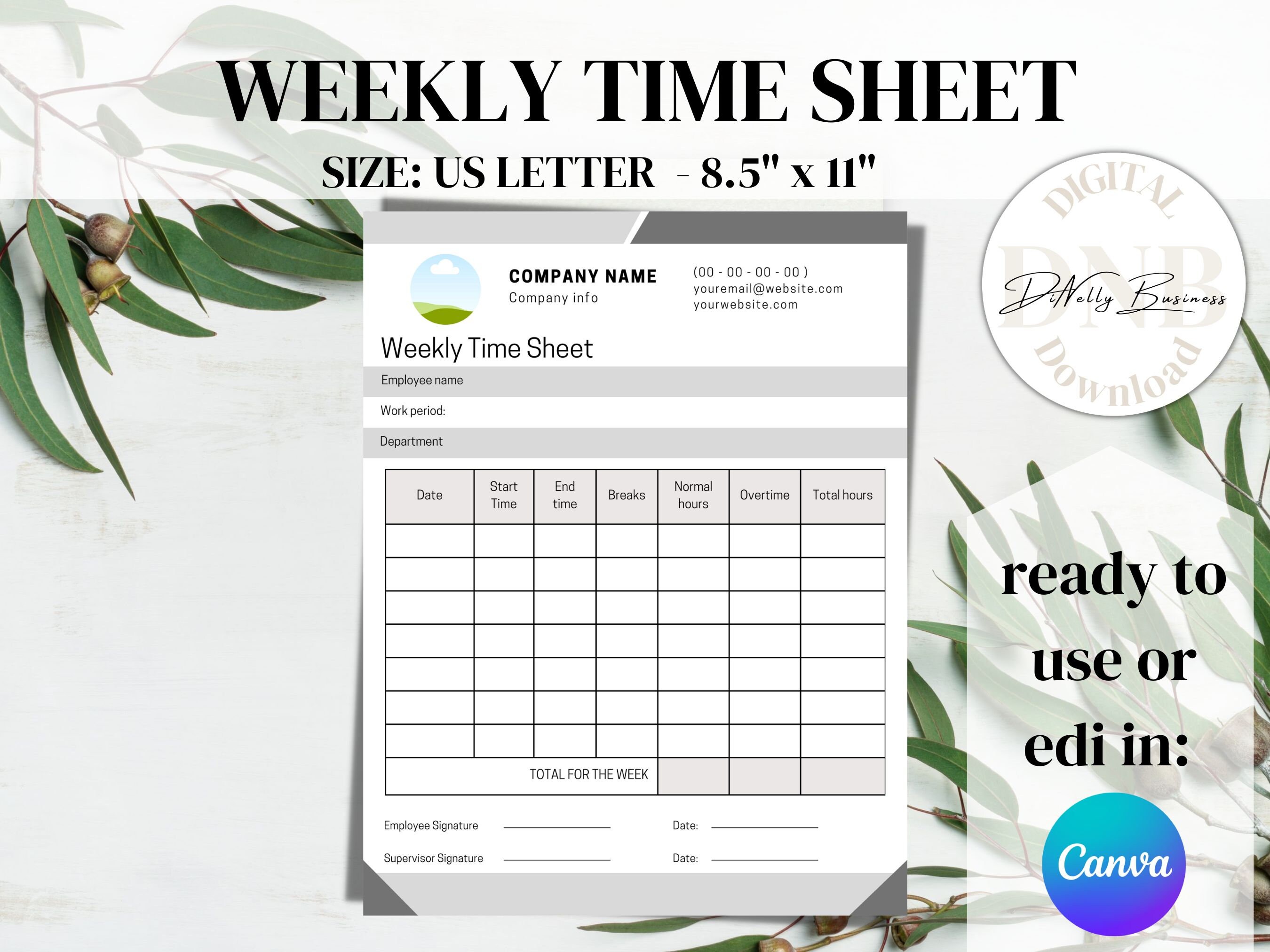 Printable Employee Time Sheet, Weekly Time Tracker, Working Hours ...
