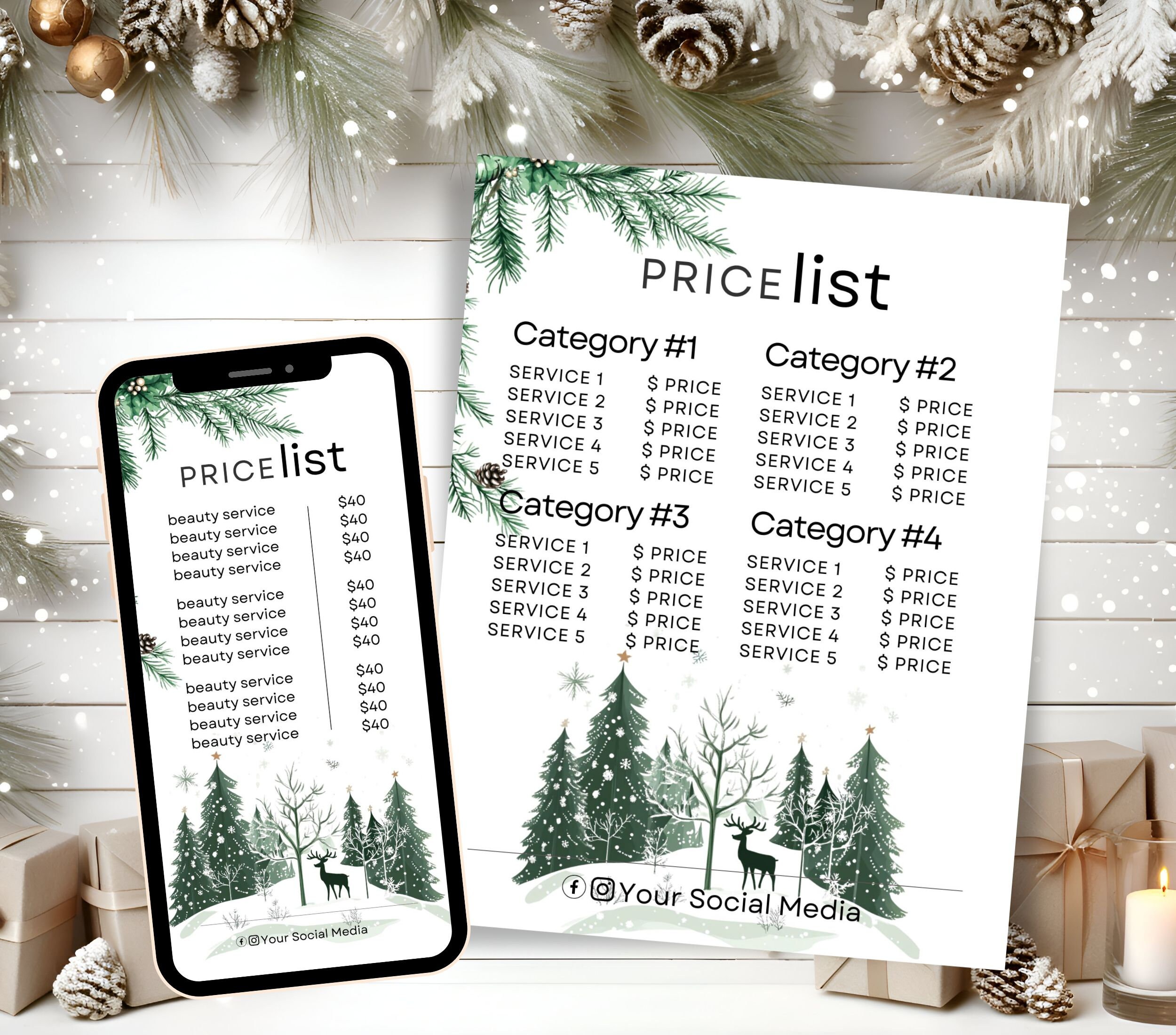 Rustic Boho Christmas Price List, Editable Retro Price List Template ...