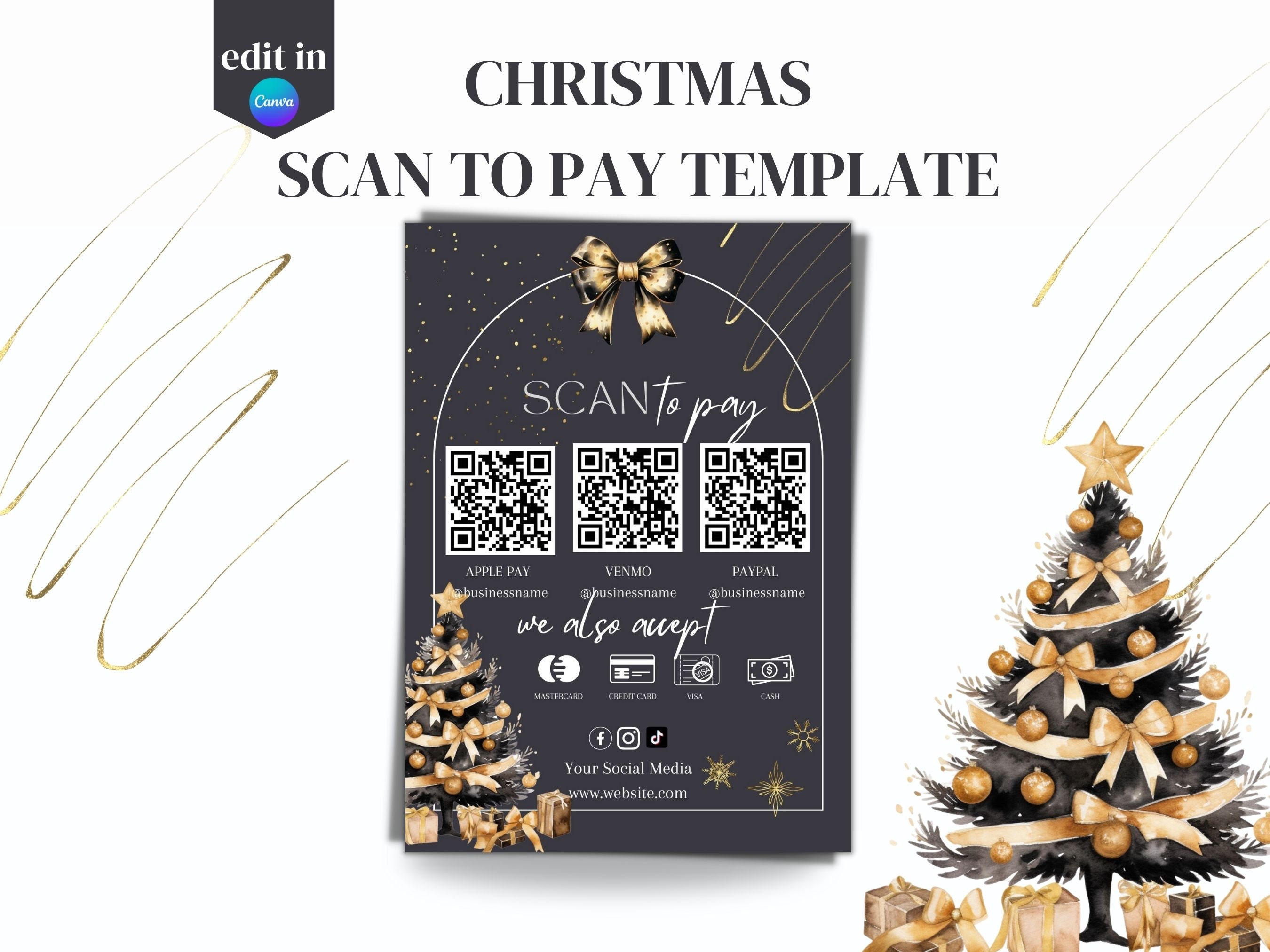 Christmas QR Code Scan to Pay Template, Christmas Black and Gold ...
