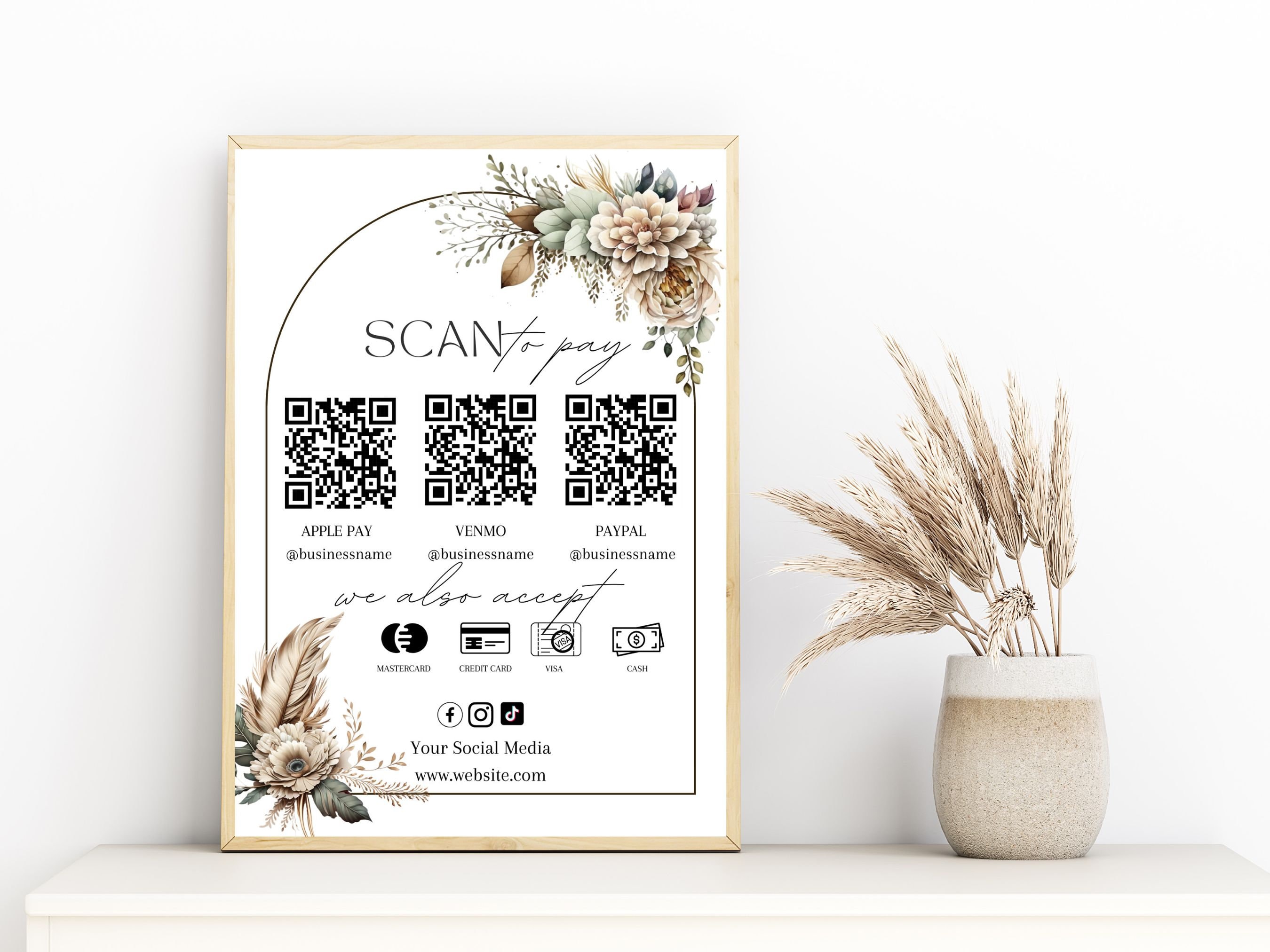 Boho Pampas Grass Price List and Scan to Pay Template, EDITABLE ...