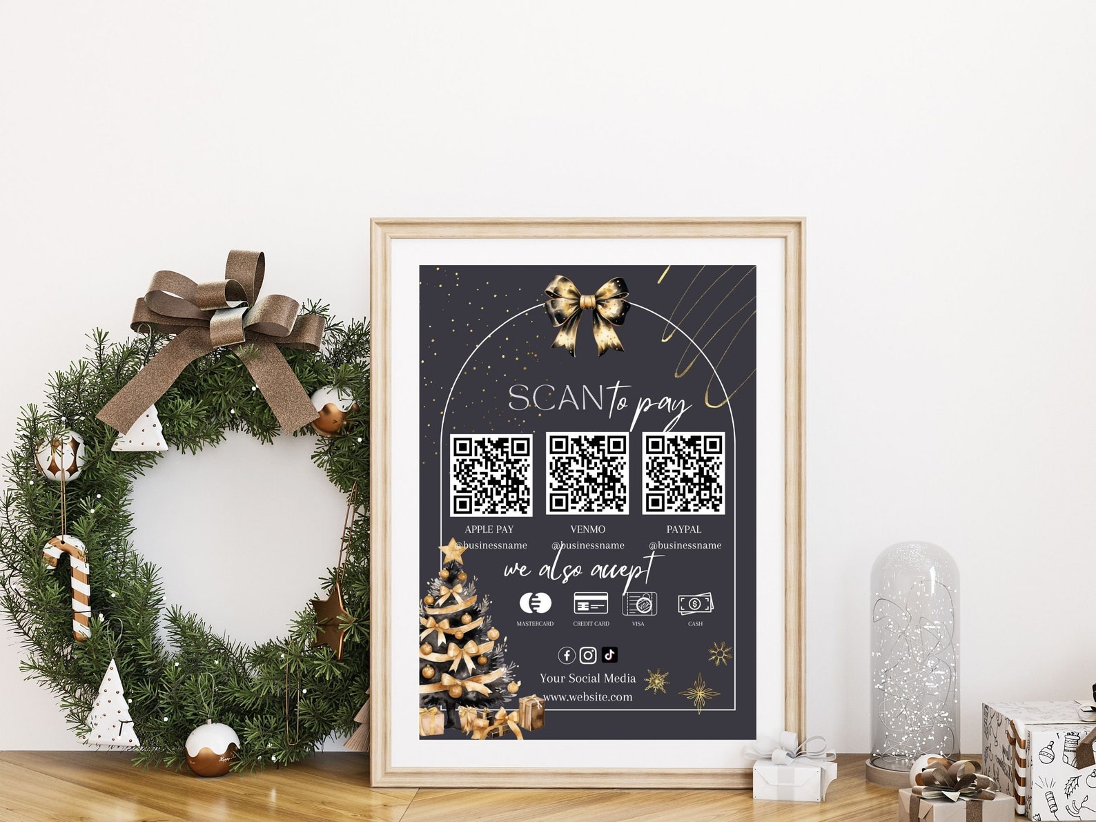Christmas QR Code Scan to Pay Template, Christmas Black and Gold ...