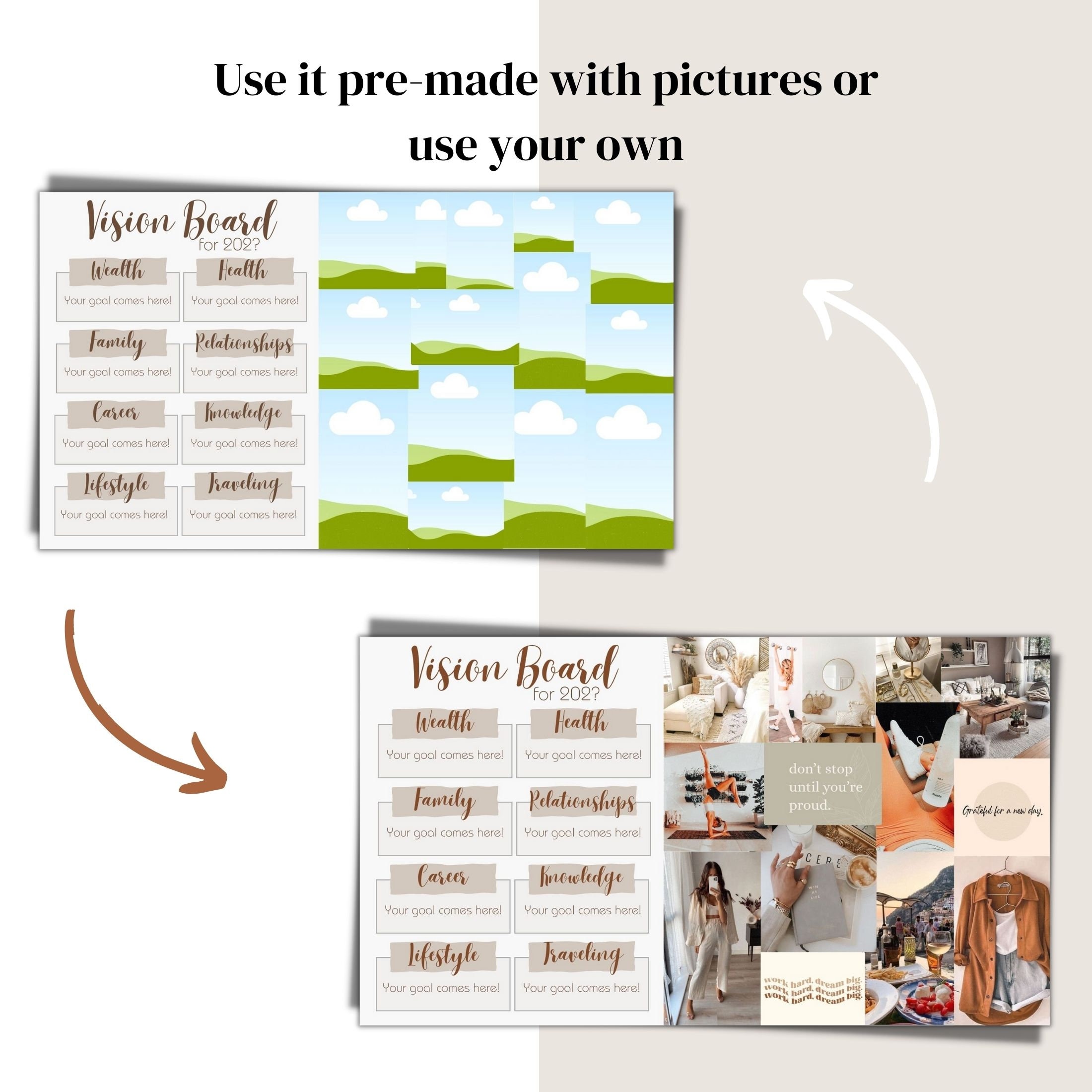 Digital Vision Board Template, Editable Boho Beige Vision Board ...