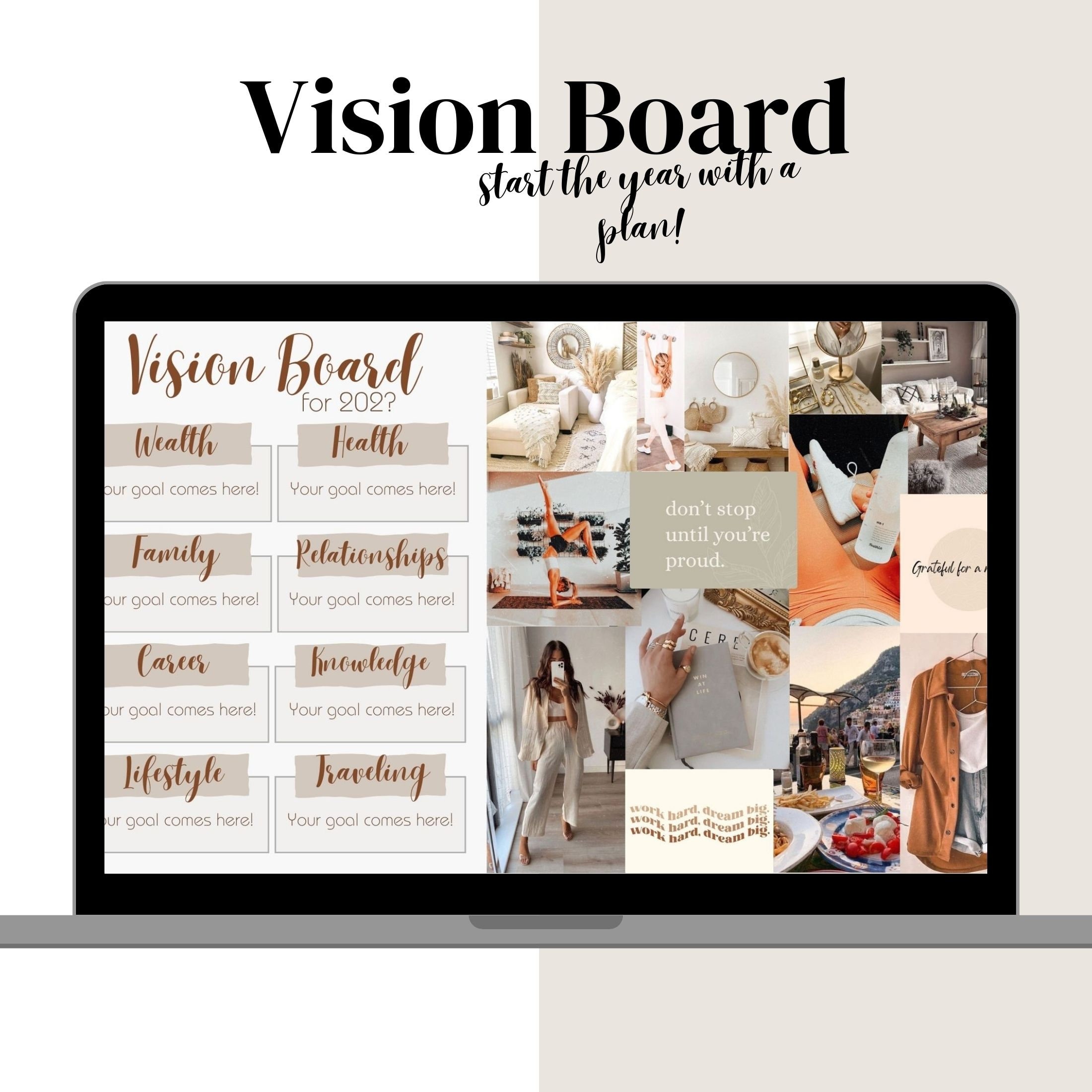 Digital Vision Board Template, Editable Boho Beige Vision Board ...