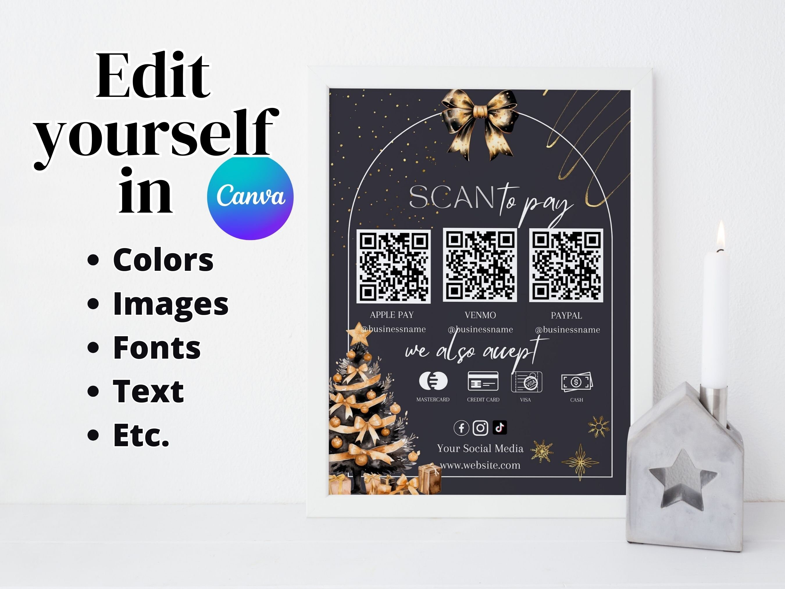 Christmas QR Code Scan to Pay Template, Christmas Black and Gold ...