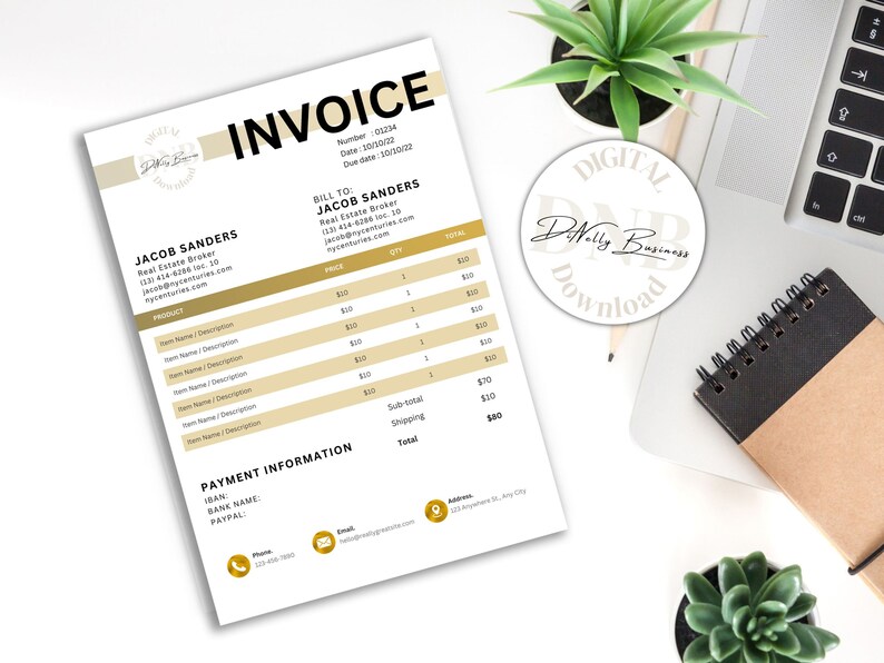 CANVA Invoice Template, Golden Invoice Template, Invoice, Invoice ...