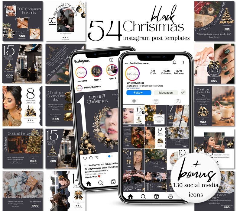 54 Black Christmas Instagram Post Templates Elegant Salon - Etsy