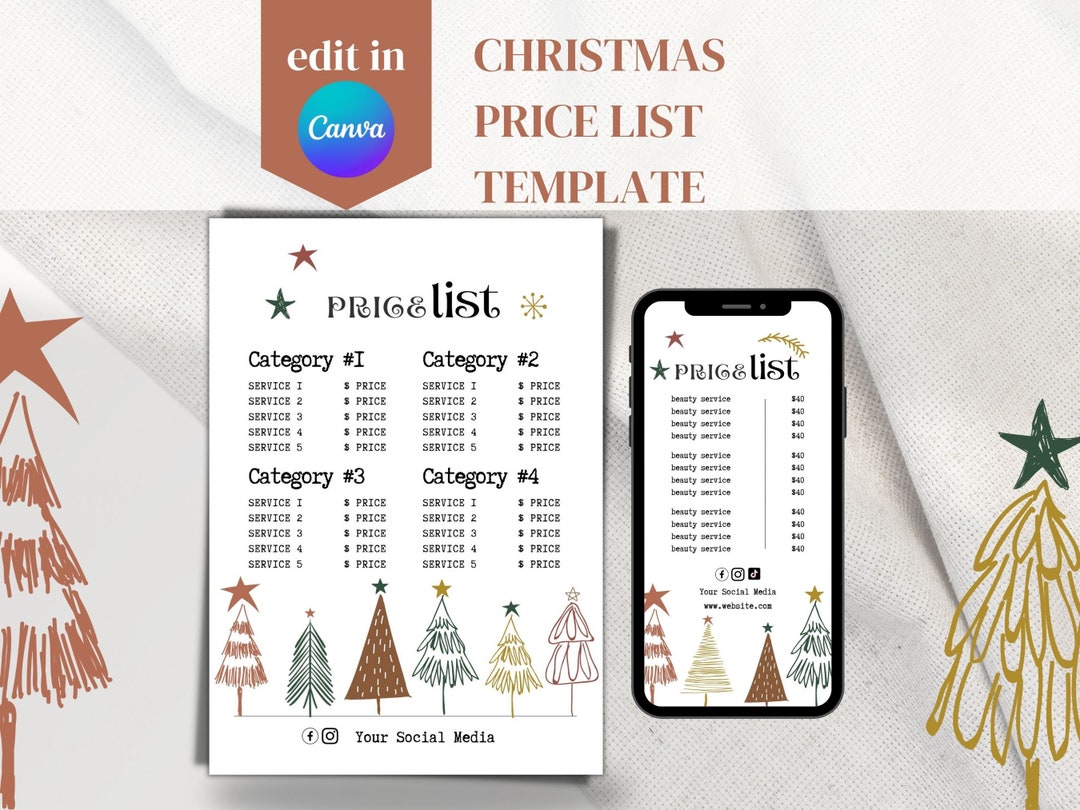 Boho Christmas Price List, Editable Retro Price List Template Canva ...