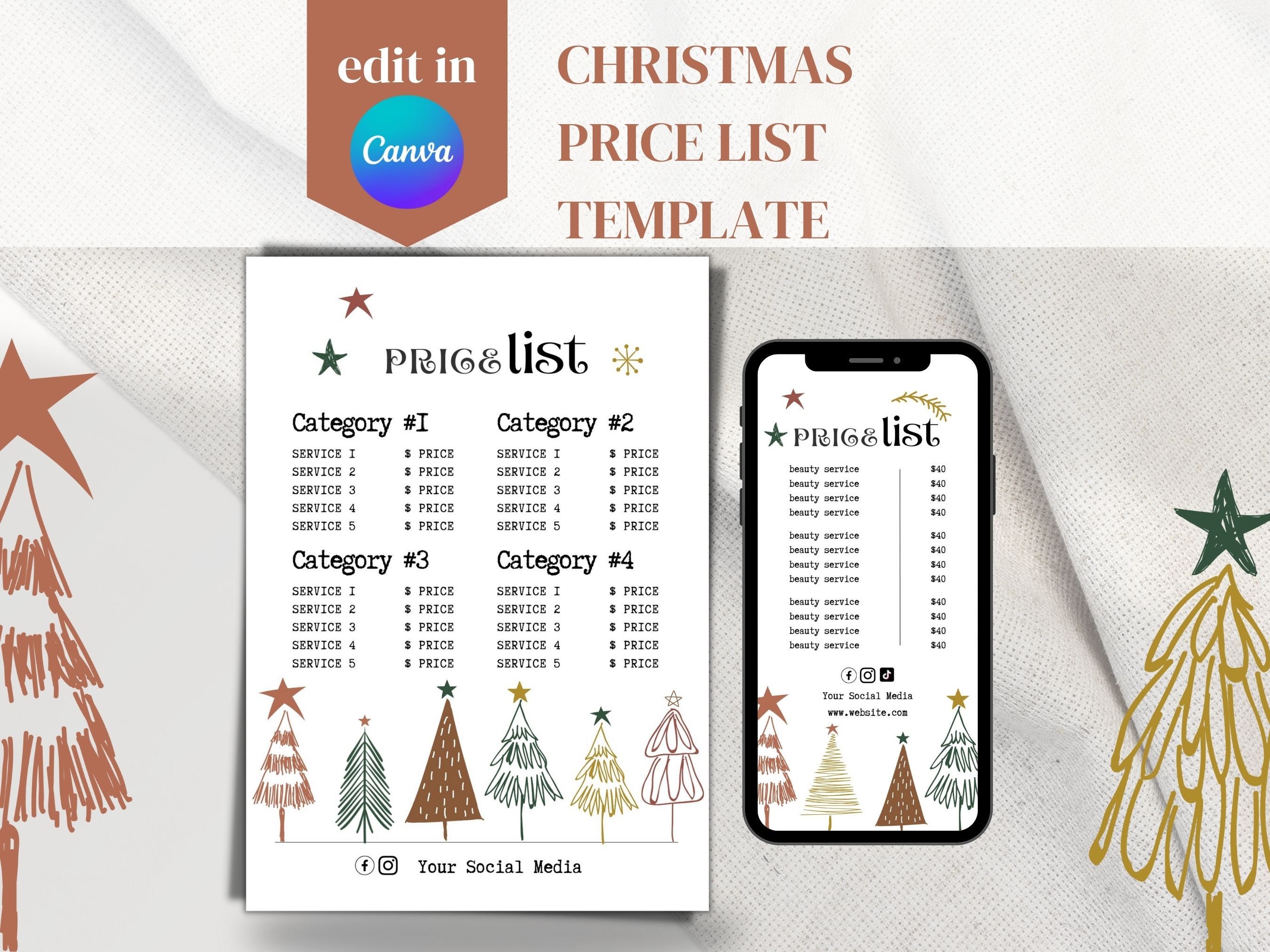 Boho Christmas Price List, Editable Retro Price List Template Canva ...