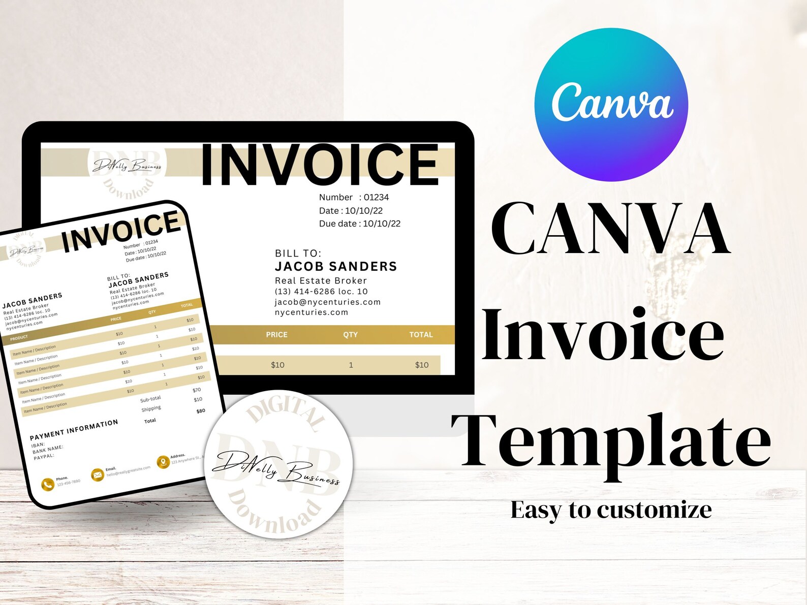 CANVA Invoice Template, Golden Invoice Template, Invoice, Invoice ...