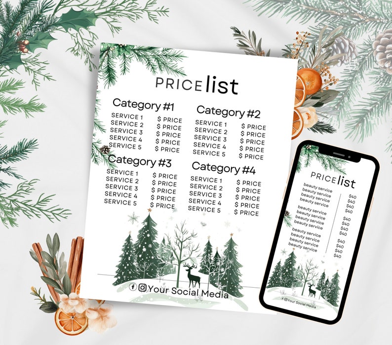 Rustic Boho Christmas Price List, Editable Retro Price List Template ...