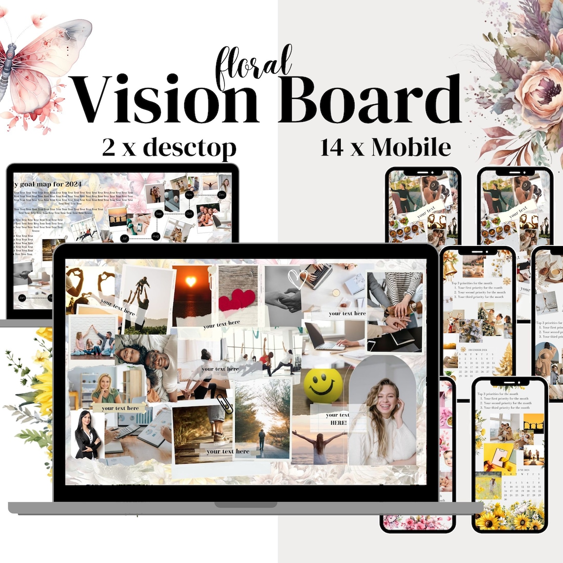 2025 Editable Vision Board Template, Floral Digital Vision Board , 2025 ...