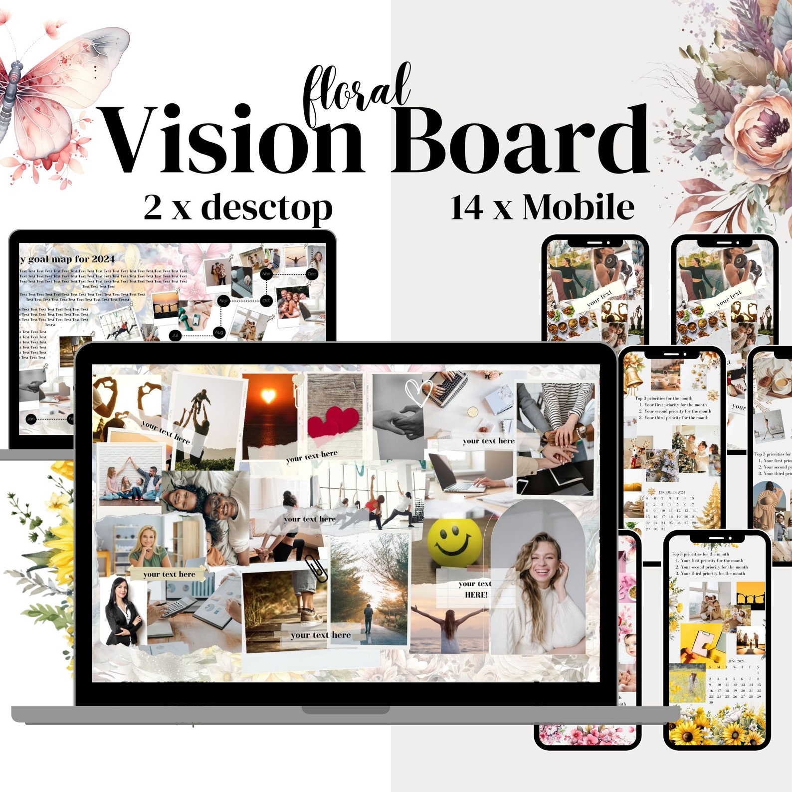 Editable Vision Board Template, Floral Digital Vision Board , 2024 ...