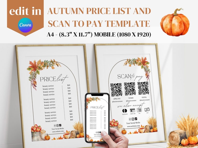 Autumn Price List and Scan to Pay Template, Fall Templates, EDITABLE ...