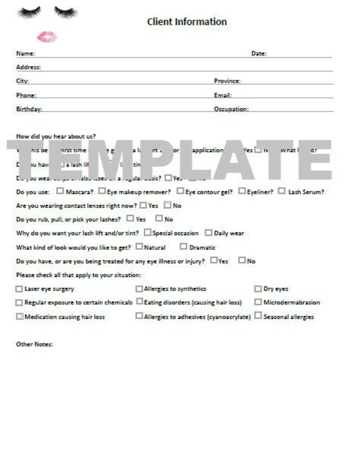 Lash Technician - Client Intake Form (lift and Tint) - Etsy