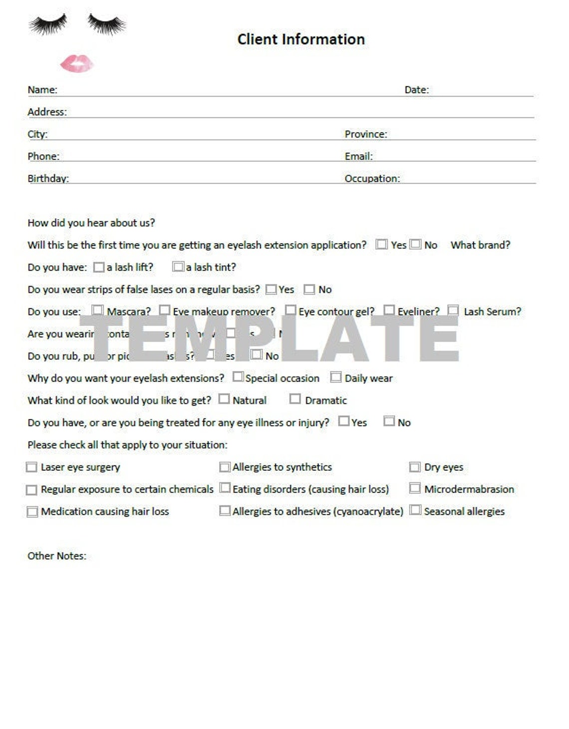 Lash Technician - Client Intake Form (eyelash Extensions) - Etsy