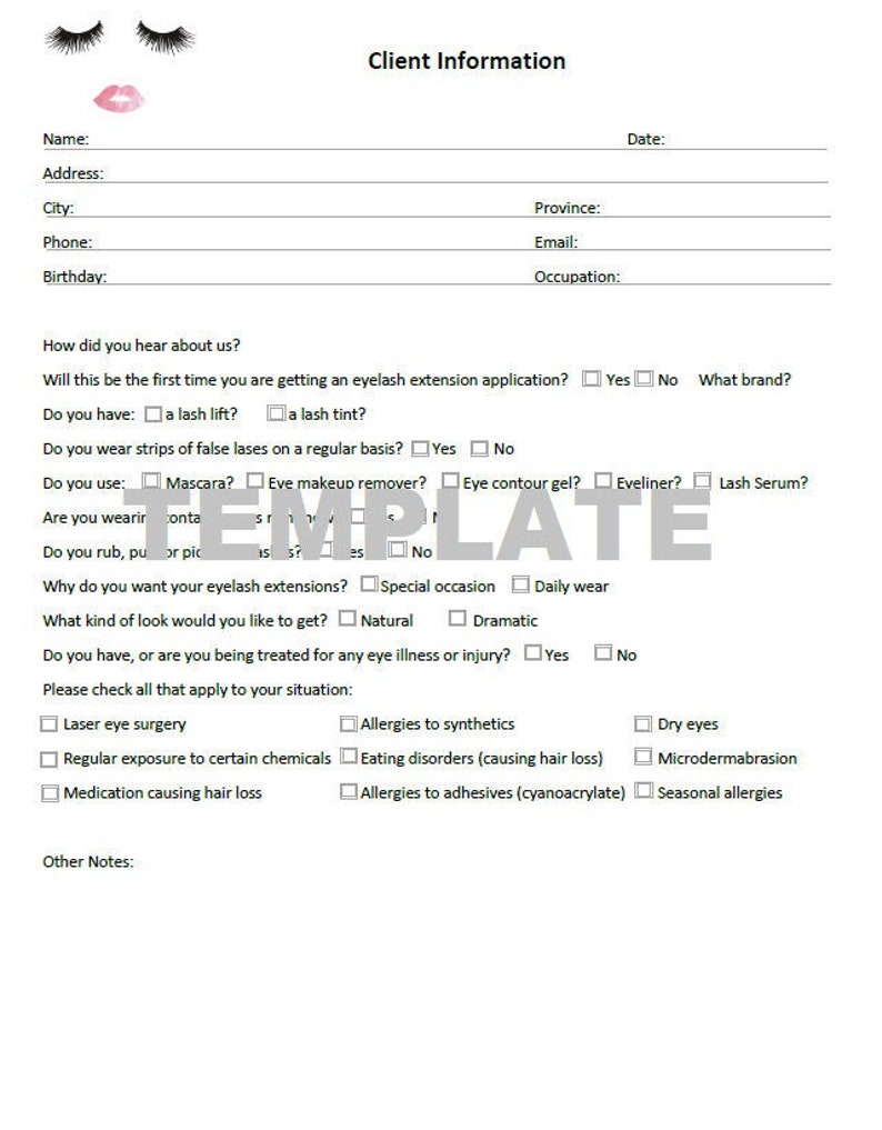 Lash Technician - Client Intake Form (eyelash Extensions) - Etsy
