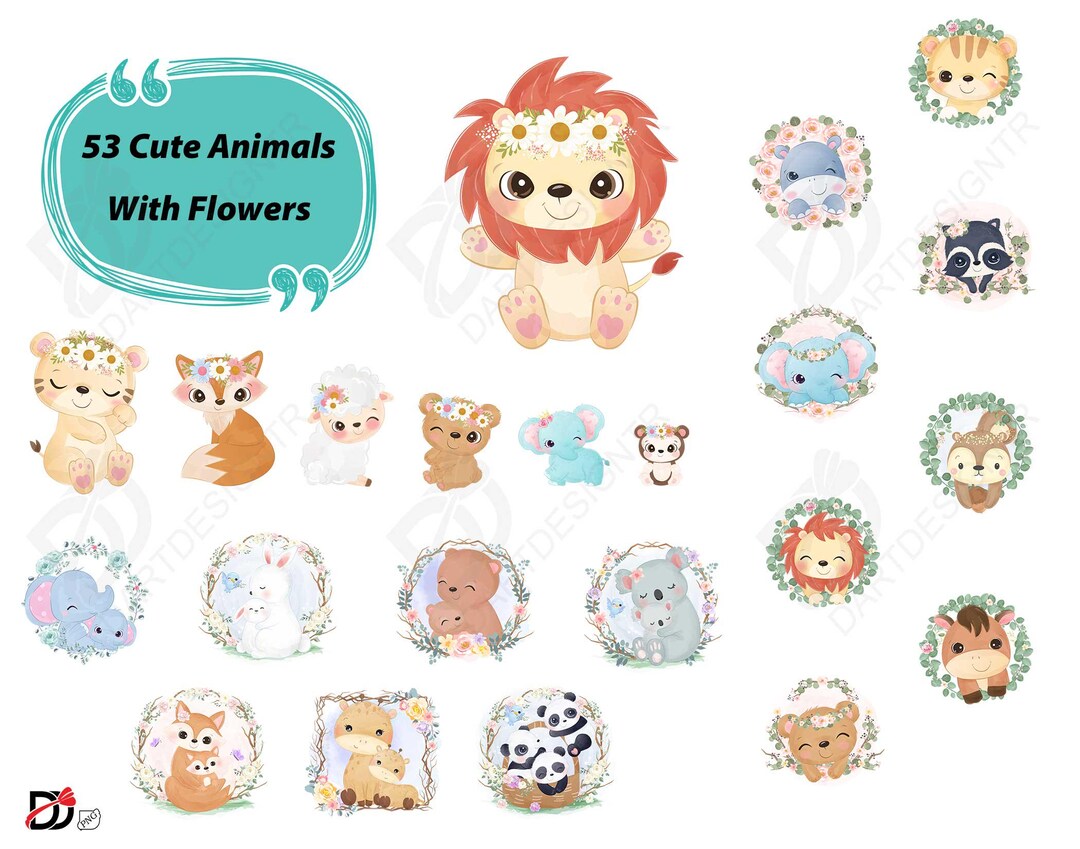 53 Cute Animal Bundle, Baby Animals Clipart, Flower Mom and Baby ...
