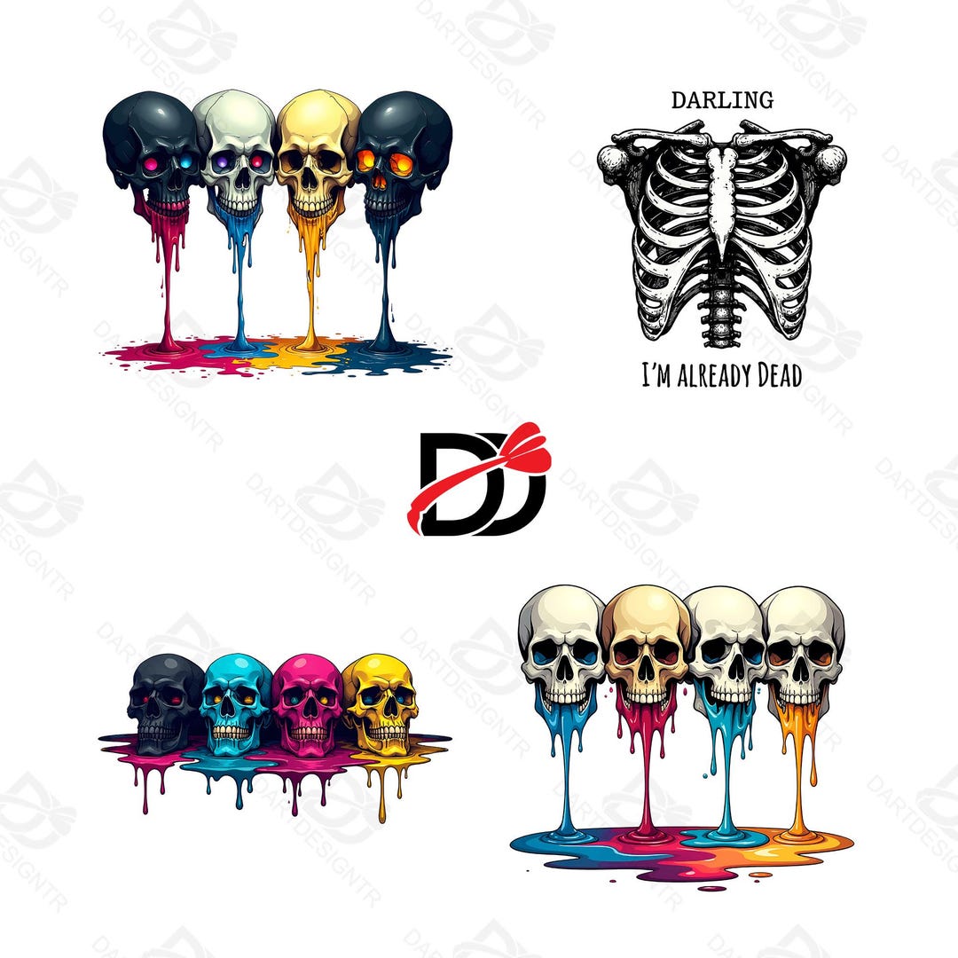 CMYK Skull Sublimation PNG Bundle, Dripping Skulls, Goth Art, Halloween ...