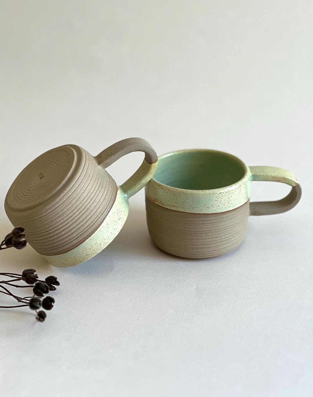 7 Oz - Beige and Melon Mugs- Minimal Color, Stoneware Mugs, Handmade ...