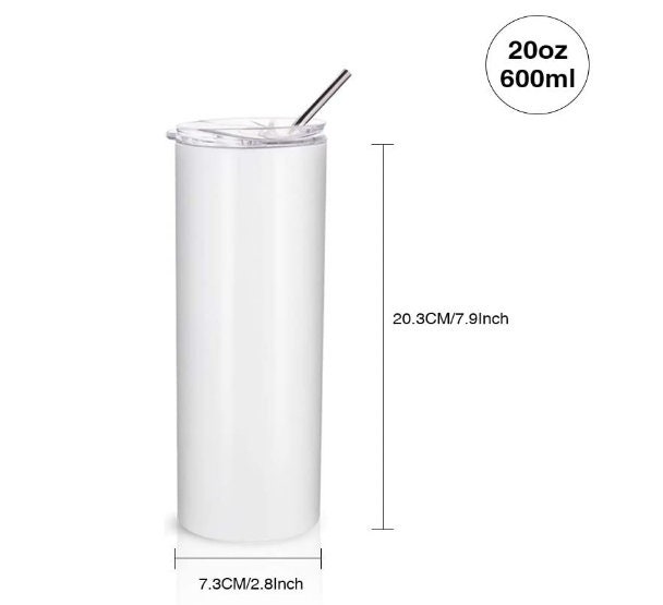 SUBLIMATION SKINNY TUMBLERS White Stainless Steel Mug W/ Lid 20oz, Go ...
