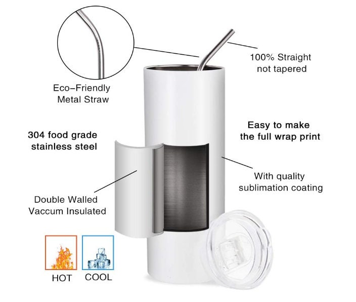 SUBLIMATION SKINNY TUMBLERS White Stainless Steel Mug W/ Lid 20oz, Go ...
