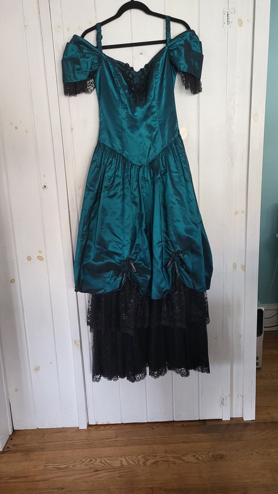 1990s Vintage Alfred Angelo Teal Tafita & Lace Off Sh… - Gem