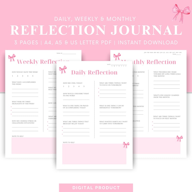 Printable Daily Reflection Journal | Weekly Reflection | Monthly Reflection | Journal Template ...