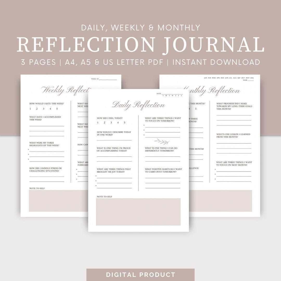 Printable Daily Reflection Journal | Weekly Reflection | Monthly Reflection | Journal Template ...