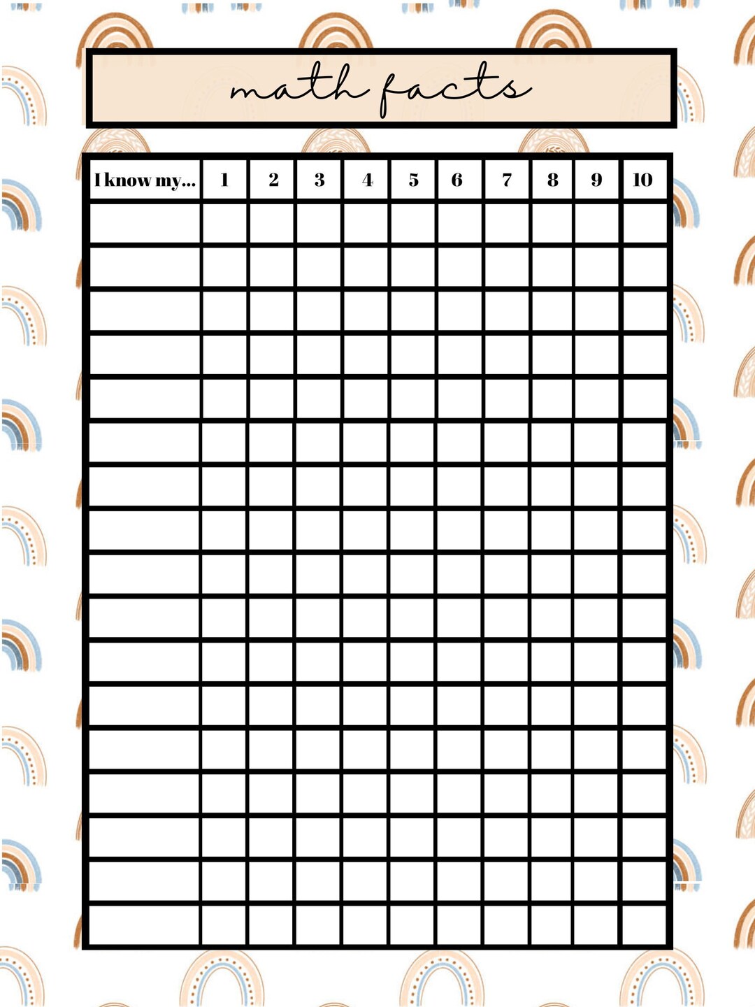 Boho Rainbow Math Chart (multiplication Tracker) - Etsy