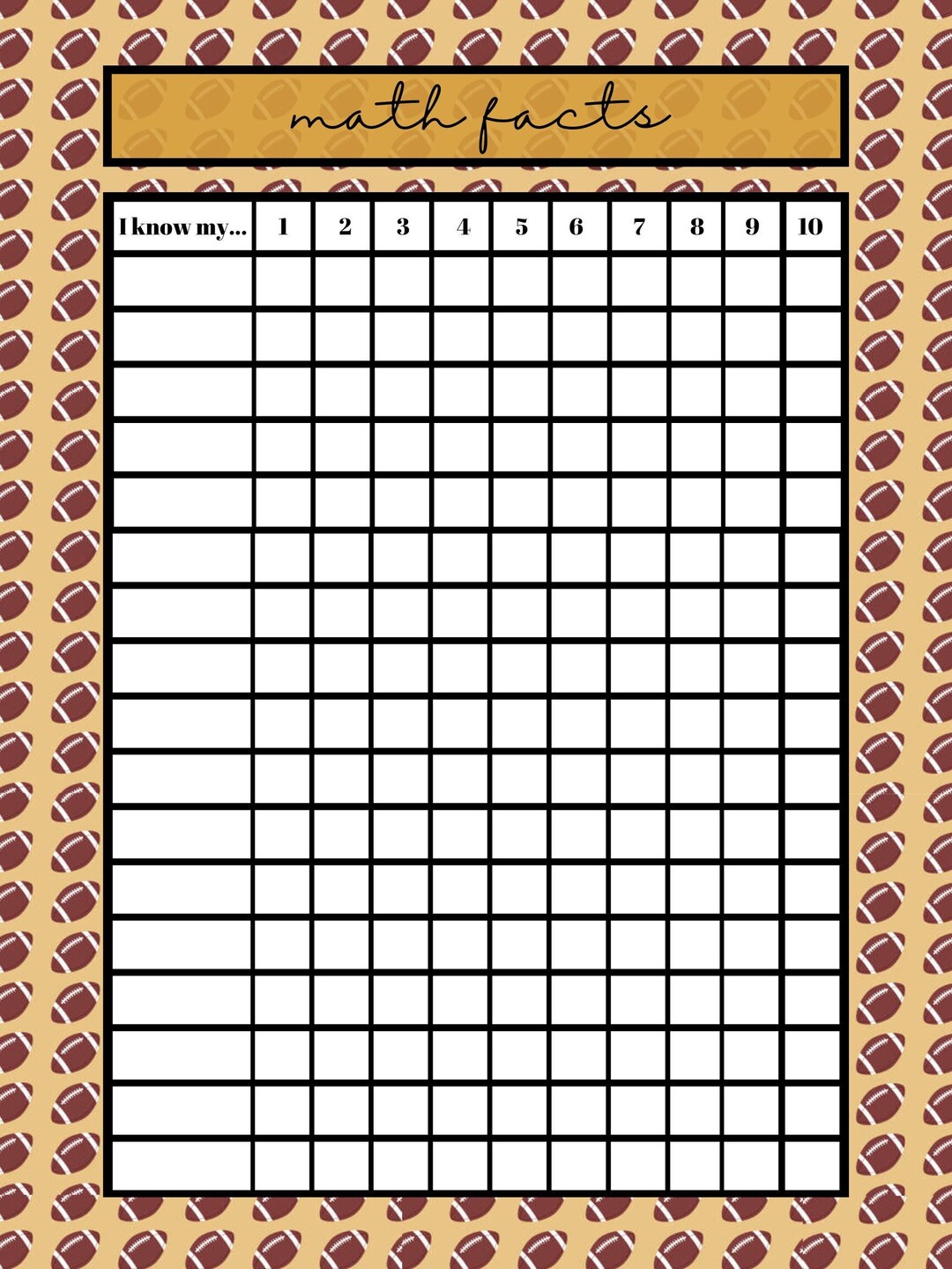 Football Math Chart (multiplication Tracker) - Etsy