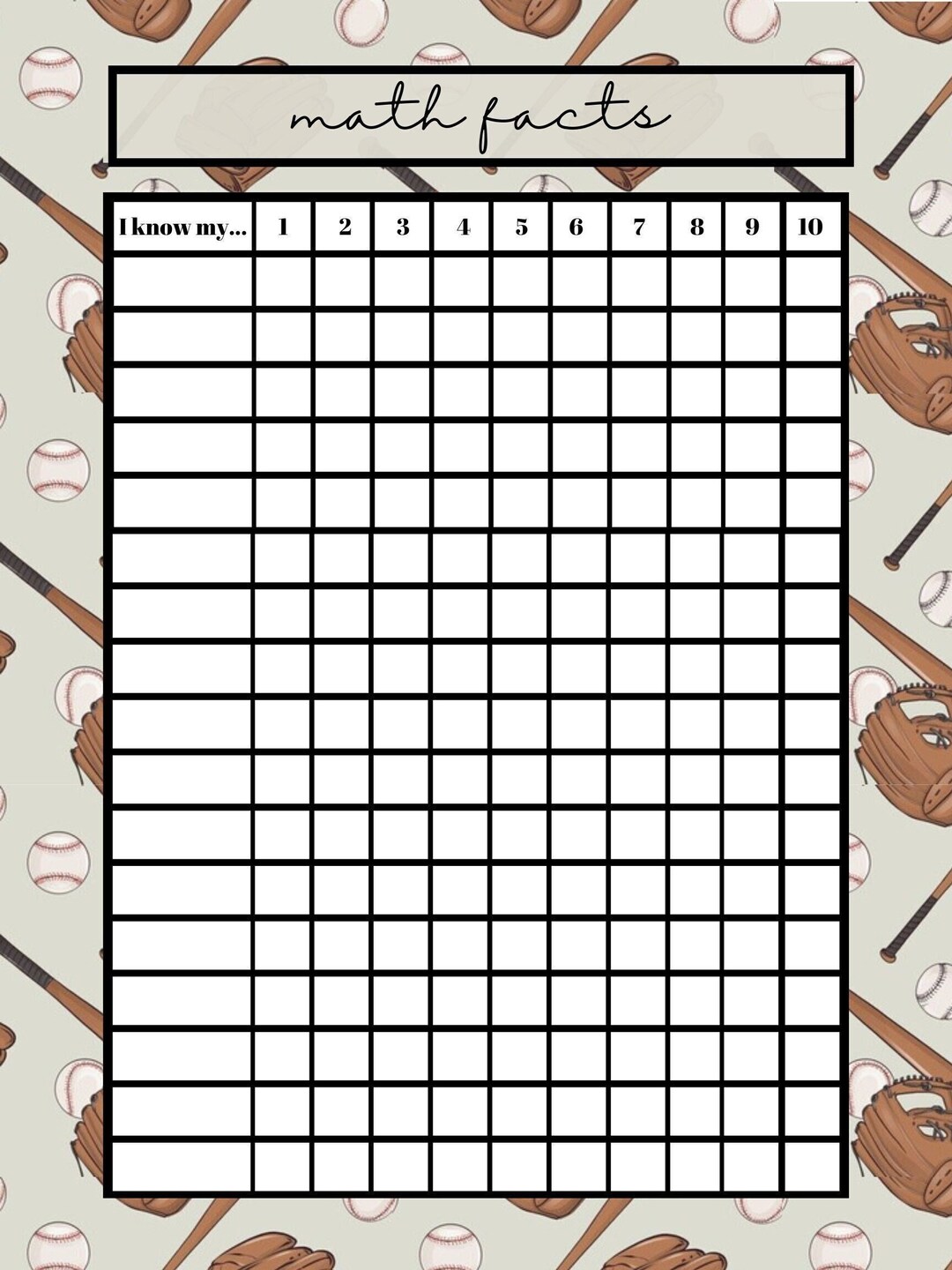Baseball Math Chart (multiplication Tracker) - Etsy